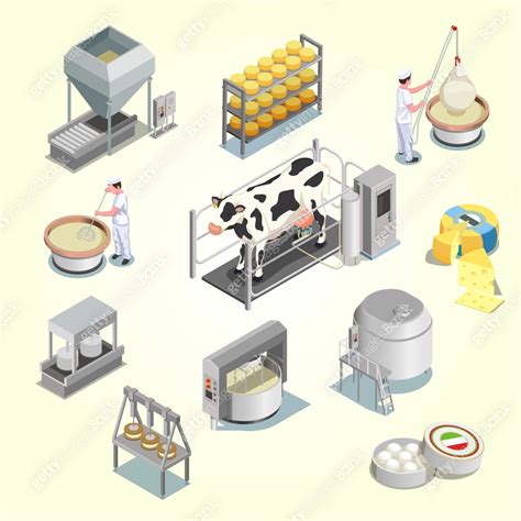 Cheese Production Isometric Flowchart Illustrated Process From Milk Yield And Pasteurization To