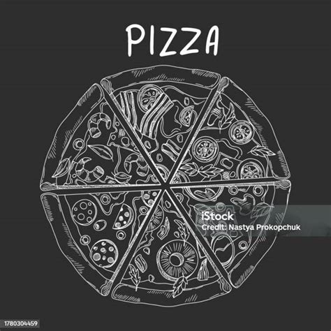 피자 조각 전체 피자 다양한 토핑을 얹은 피자 벡터 일러스트 레이 션입니다 검은색 배경 고기에 대한 스톡 벡터 아트 및 기타 이미지 Istock