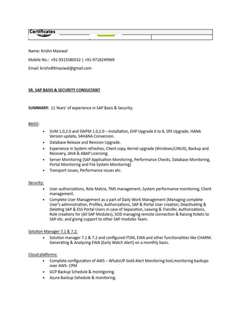 Sr Sap Basis And Security Consultant Pdf Operating System Oracle