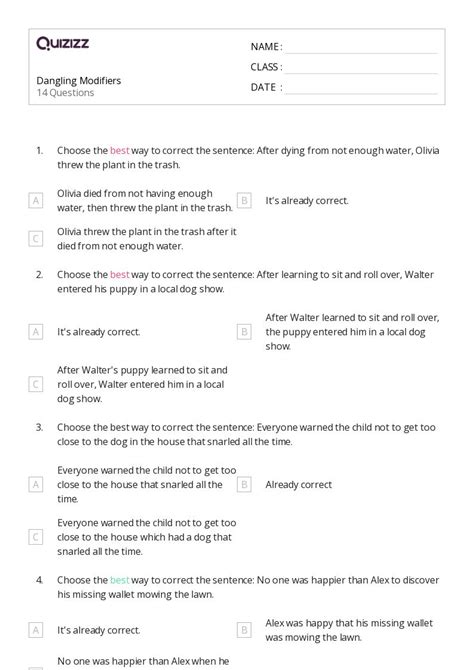 50 Misplaced And Dangling Modifiers Worksheets For 4th Year On Quizizz Free And Printable