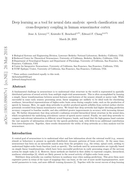 Pdf Deep Learning As A Tool For Neural Data Analysis Speech Classification And Cross
