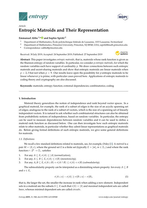 Pdf Entropic Matroids And Their Representation