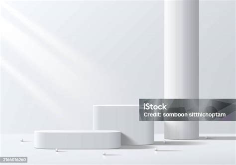 기둥과 구슬 공 장면이 있는 현실적인 흰색 3d 원형 연단 배경 미니멀리스트 3d 모형 받침대 추상 제품 디스플레이 프레젠테이션 무대 쇼케이스 플랫폼 벡터 기하학적 디자인