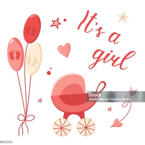 소녀의 탄생을 위한 인사말 카드 분홍색으로 그려진 손 아기 성별 공개 파티에 대 한 벡터 초대장 템플릿입니다 흰색 배경에 신생아를 위한 풍선과 유모차가 있는 컬러 그림입니다