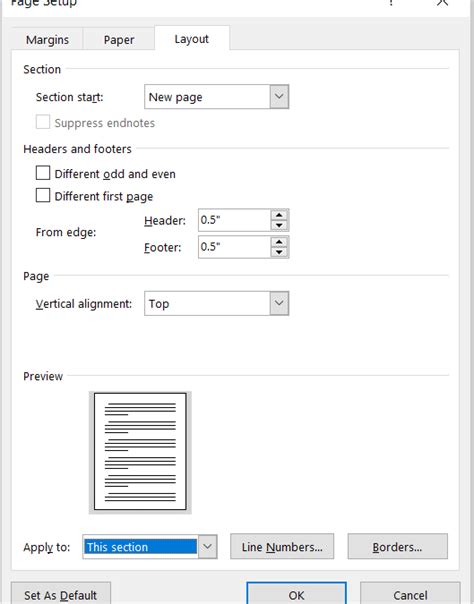 Page Setup Dialog Box In Word With Vertical Alignment One Section In