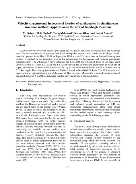 Pdf Velocity Structure And Hypocentral Location Of Earthquakes By