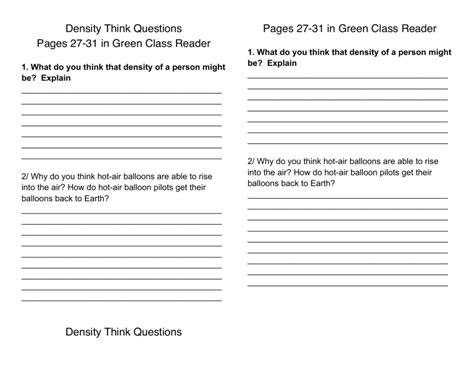 Density Think Questions Worksheet