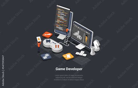 Concept Of Game Development Creative People Developers In Process Of Create And Develop A