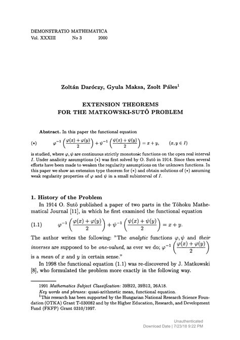 Pdf Extension Theorems For The Matkowski Sutô Problem