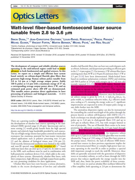 201611 Watt Level Fiber Based Femtosecond Laser Source Tunable From 2