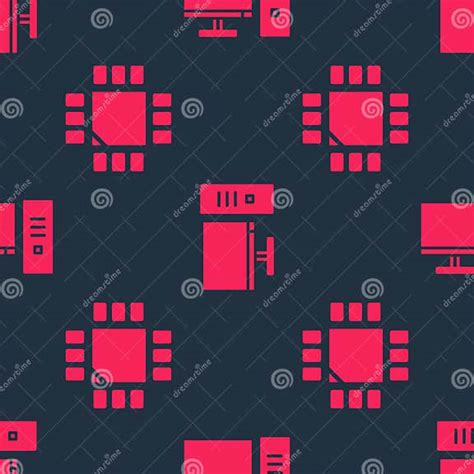 Set Processor With Microcircuits Cpu And Computer Monitor On Seamless Pattern Vector Stock