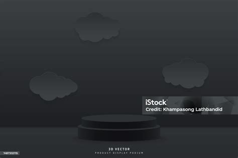 사실적인 3d 실린더 연단 받침대 무대 또는 제품 진열대가 벽에 잘린 구름 종이로 렌더링된 추상적인 검은색 3d 스튜디오 룸