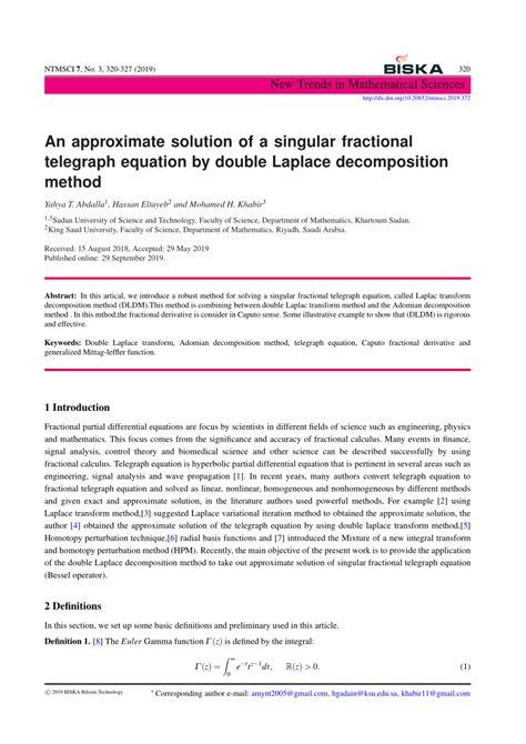 Pdf An Approximate Solution Of A Singular Fractional Telegraph Equation By Double Laplace