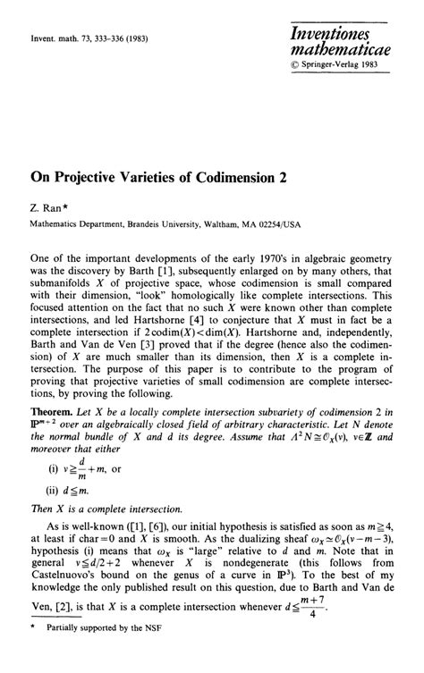 Pdf On Projective Varieties Of Codimension 2