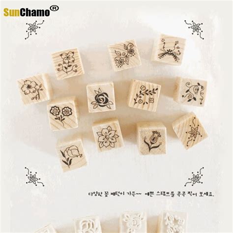 미니 나무 고무 우표 한국 Diy 인감 성냥갑 소녀 꽃 우표 스크랩북 공예 용품 배경 상자당 12 개스탬프 Aliexpress