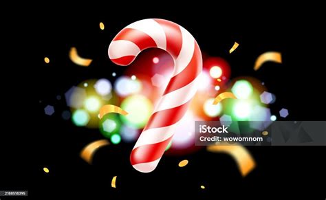 만화 크리스마스 빨간색과 흰색 줄무늬 사탕 지팡이의 벡터 그림 가벼운 보케와 황금 색종이 조각으로 검은 배경에 사탕 지팡이의 3d 스타일 사실적인 디자인 메리 크리스마스와