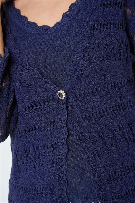 Navy Crochet Single Button Cardigan Roman Uk