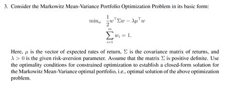 3 Consider The Markowitz Mean Variance Portfolio