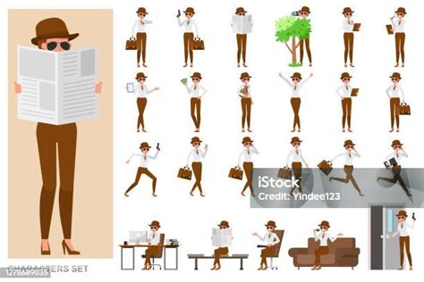 스파이 비밀 요원 여성 캐릭터 벡터 디자인의 집합 감정 달리기 서서 걷기와 함께 다양한 액션으로 프리젠 테이션 형사에 대한 스톡 벡터 아트 및 기타 이미지 Istock