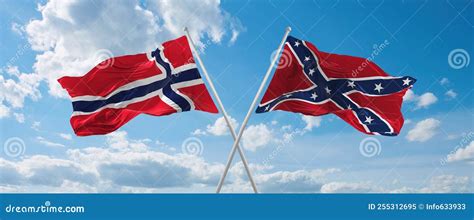Two Crossed Flags Confederate Battle Or Dixie Flag And Norway Waving In