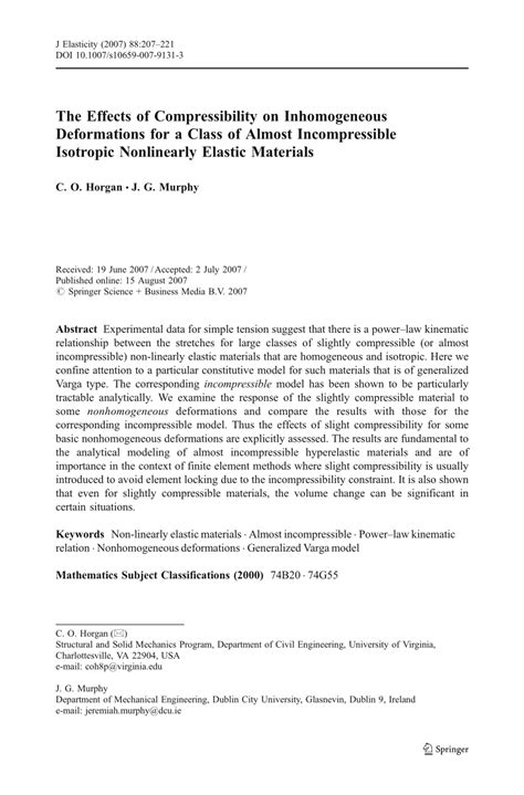 Pdf The Effects Of Compressibility On Inhomogeneous Deformations For A Class Of Almost