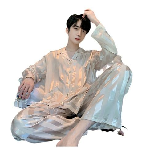 남자 실크 잠옷 세트 파자마 봄 정장 바지 여름 홈웨어 남성 티몬