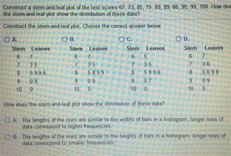 solved construct a stem and leaf plot of the test scores 67