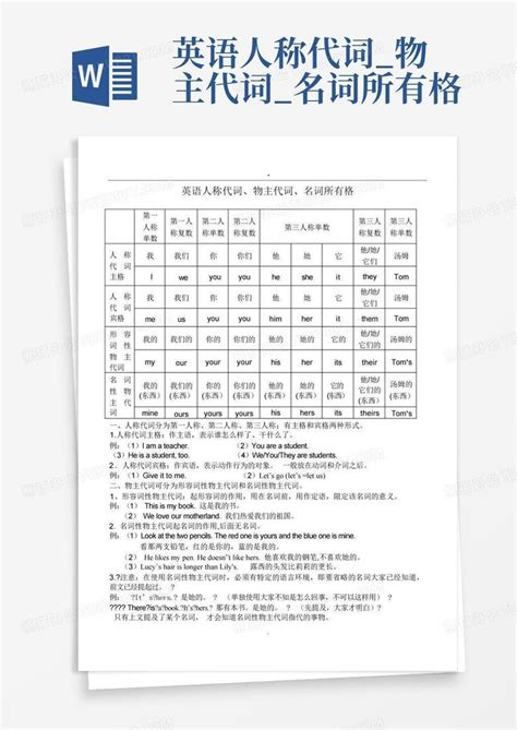 英语人称代词 物主代词 名词所有格word模板下载 编号lywdjwvk 熊猫办公
