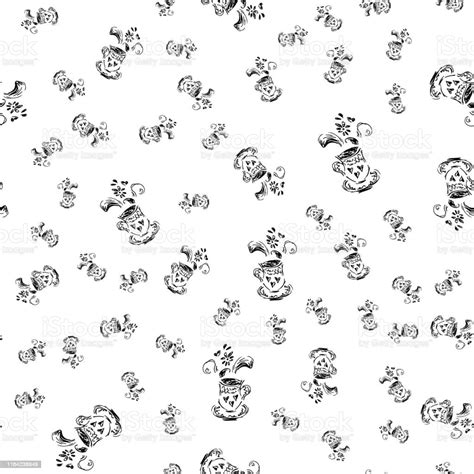 찻잔 손으로 그린 원활한 패턴 어떤 목적을위한 훌륭한 디자인 손으로 찻잔 스케치의 매끄러운 패턴을 그렸습니다 커피 개요