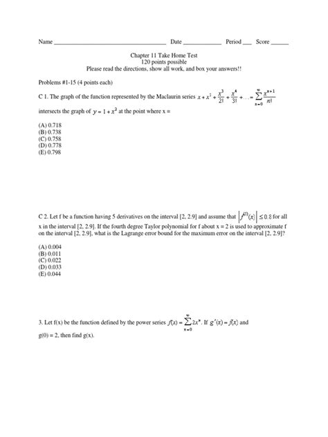 Ap Calculus Bc Chapter 11 Take Home Test Pdf Calculus Mathematical Concepts