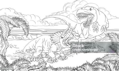 공룡 Trex 트리케라톱스 장면 색칠 공부 책 페이지 티라노사우르스렉스에 대한 스톡 벡터 아트 및 기타 이미지 티라노