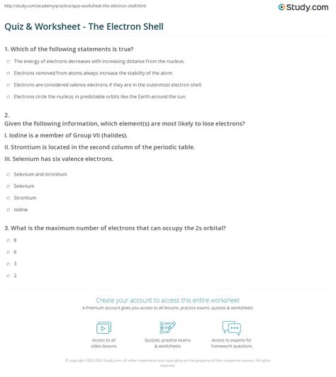 Quiz Worksheet The Electron Shell Study Com