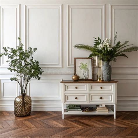 White Classic Wall Background With Brown Parquet Floor Stock