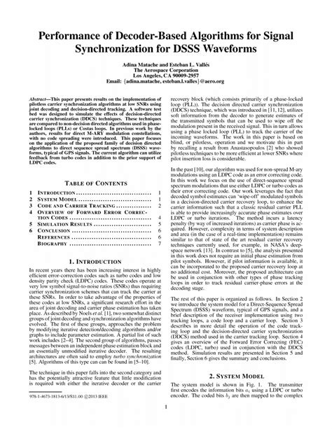 Pdf Performance Of Decoder Based Algorithms For Signal Synchronization For Dsss Waveforms