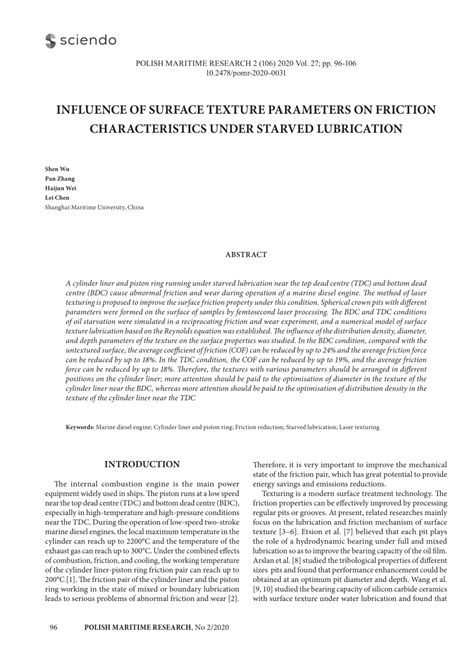 Pdf Influence Of Surface Texture Parameters On Friction Characteristics Under Starved Lubrication