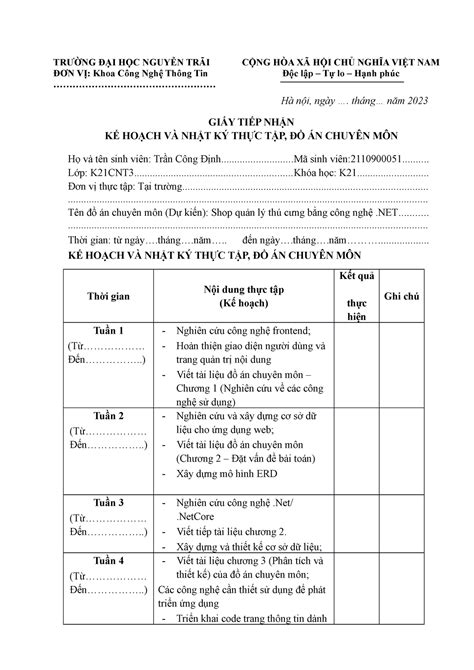 Mau Xác nhận kế hoạch và nhật ký thực tập Template TRƯỜNG ĐẠI HỌC NGUYỄN TRÃI ĐƠN VỊ