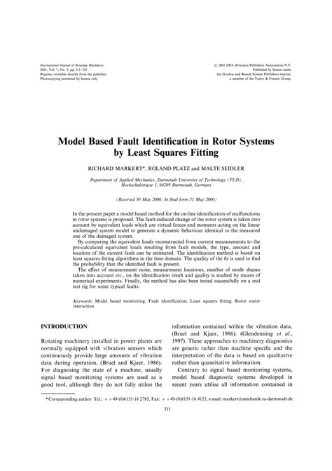 Pdf Model Based Fault Identification In Rotor Systems By Least