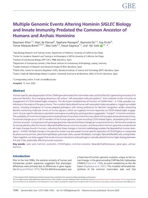 Pdf Multiple Genomic Events Altering Hominin Siglec Biology And