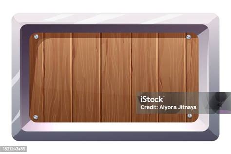 나무 보드가 있는 강철 프레임 흰색 백그라운드에 고립된 만화 스타일로 질감이 있는 패널 게임 메뉴 금속 은판 Ui 벡터 일러스트