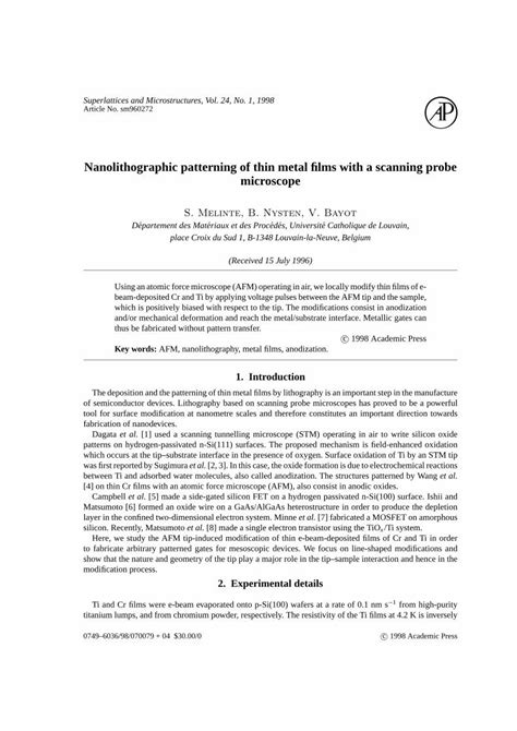 Pdf Nanolithographic Patterning Of Thin Metal Films With A Scanning Probe Microscope Dokumen