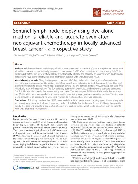 Pdf Sentinel Lymph Node Biopsy Using Dye Alone Method Is Reliable And Accurate Even After Neo