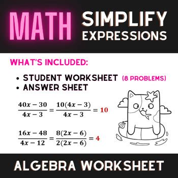 Simplify Algebraic Expressions Worksheet By Miss Liz Creates TPT