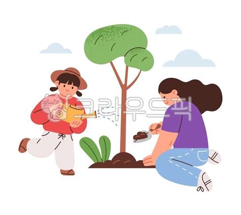 식목일 식물 심는 일러스트 사람 사진 이미지 일러스트 캘리그라피 Woocat작가