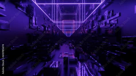 Hi Tech Neon Sci Fi Tunel Trendy Neon Glow Lines Form Pattern And Construction In Mirror Tunnel