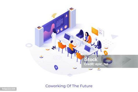 비즈니스 회의 중에 책상에 함께 앉아 컴퓨터로 작업하는 사람과 로봇의 그룹이 있는 개념적 템플릿입니다 미래의 코워킹 스페이스에서의 팀워크 아이소메트릭 벡터 그림입니다 인공