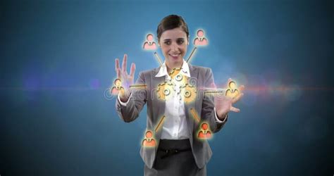 Using Virtual Network Interface Businesswoman Connecting Digital Icons In Office Stock Image