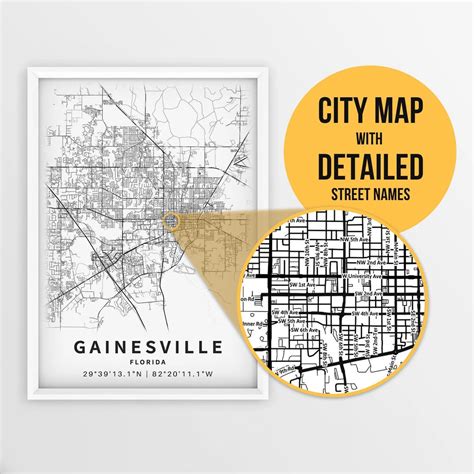 Printable Map Of Gainesville Florida Usa With Street Names Instant Download City Map Travel