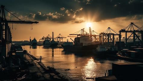 Premium Ai Image Container Ship Unloading At Commercial Dock At Sunset Generated By Ai