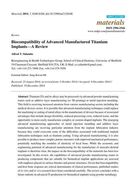 Pdf Biocompatibility Of Advanced Manufactured Titanium Implants—a Review