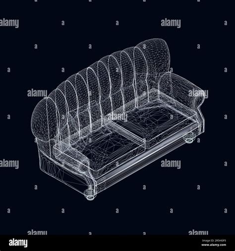 Sofa Wireframe With Pillows Made Of White Lines Isolated On A Dark Background Isometric View